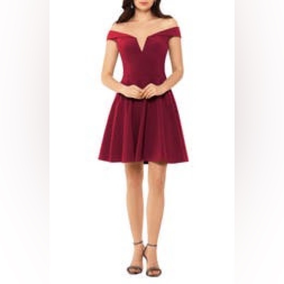 Xscape Dresses Wineburgundy Xscape Off The Shoulder Mini Skater